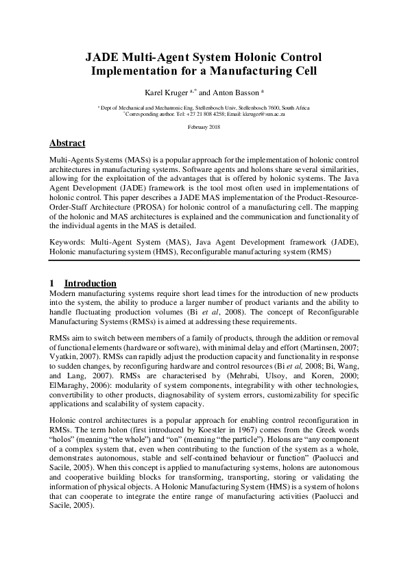 (PDF) JADE Multi-Agent System Holonic Control Implementation for a ...