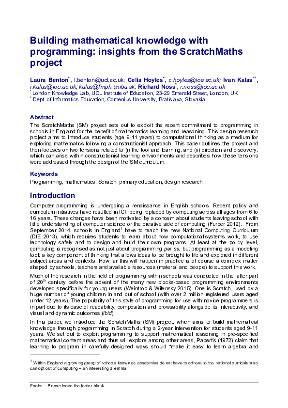 Pdf Building Mathematical Knowledge With Programming Insights From The Scratchmaths Project