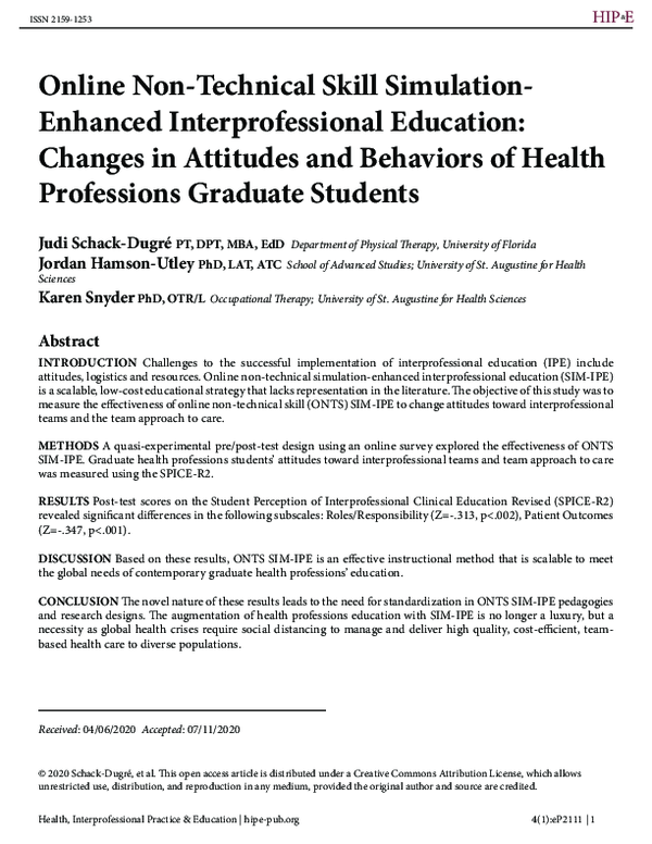 (PDF) Online Non-Technical Skill Simulation: Enhanced Interprofessional Education: Changes in ...