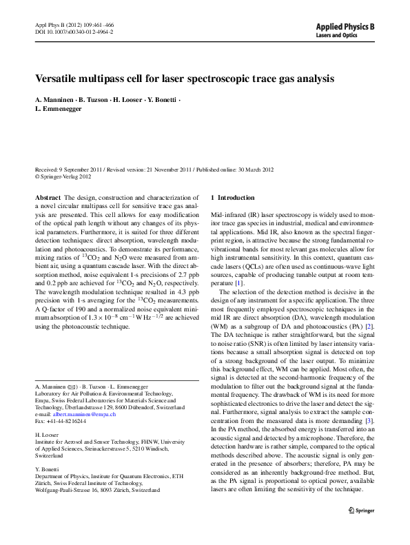 (PDF) Versatile multipass cell for laser spectroscopic trace gas analysis