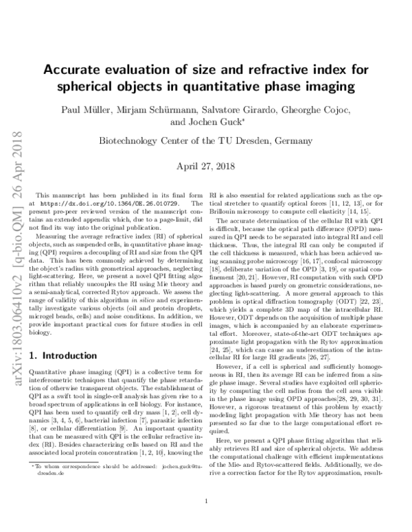 Pdf Accurate Evaluation Of Size And Refractive Index For Spherical Objects In Quantitative