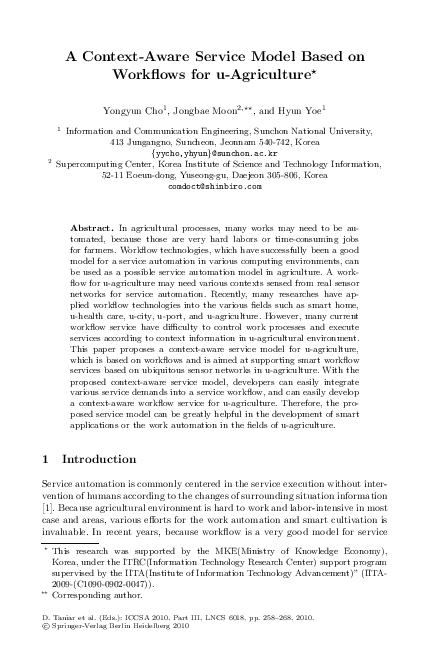 (PDF) A Context-Aware Service Model Based on Workflows for u-Agriculture