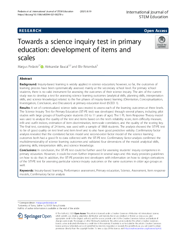 (PDF) Towards a science inquiry test in primary education: development ...