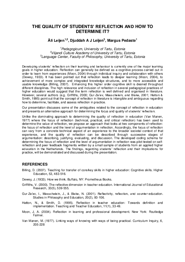 (PDF) The Quality of Students’Reflection and How to Determine It?