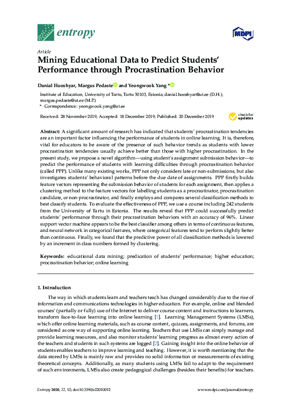 (PDF) Mining Educational Data to Predict Students’ Performance through Procrastination Behavior