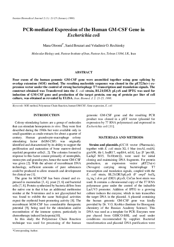 (PDF) PCR-mediated ex-pression of the human GM-CSF gene in Escherichia coli