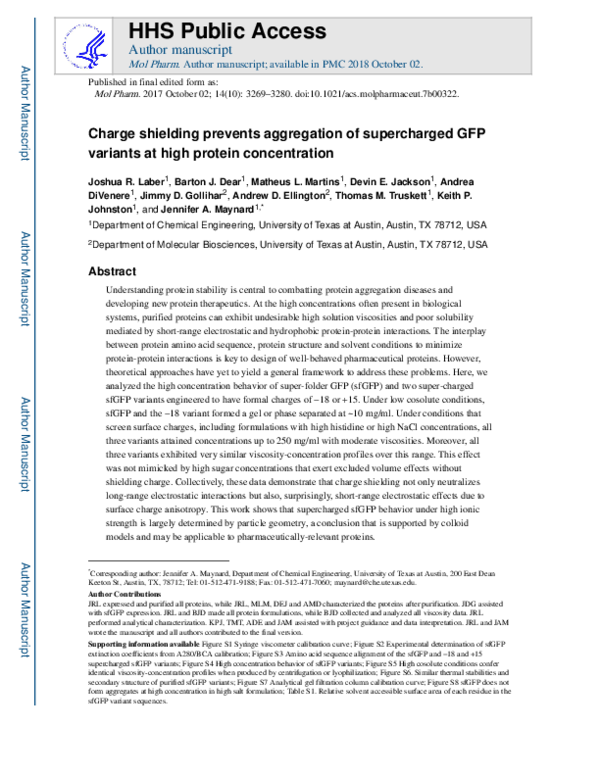 (PDF) Charge Shielding Prevents Aggregation of Supercharged GFP ...