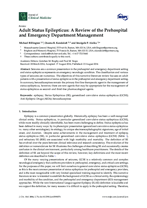 (PDF) Adult Status Epilepticus: A Review of the Prehospital and ...