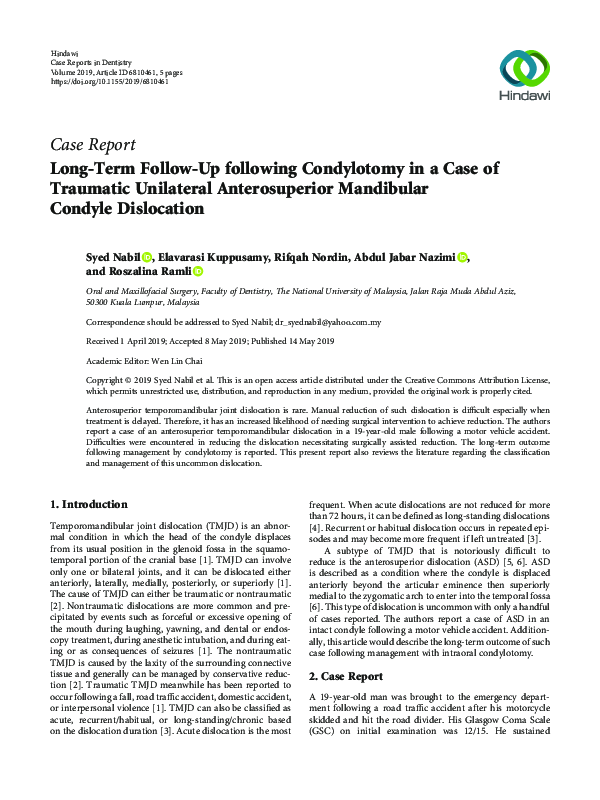 (PDF) Long-Term Follow-Up following Condylotomy in a Case of Traumatic ...