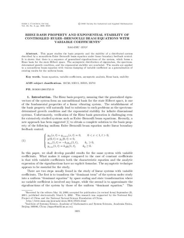 (PDF) Riesz basis property and exponential stability of controlled Euler-Bernoulli beam ...