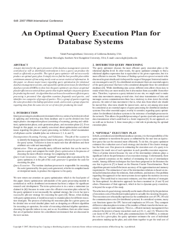 (PDF) An Optimal Query Execution plan for Database systems