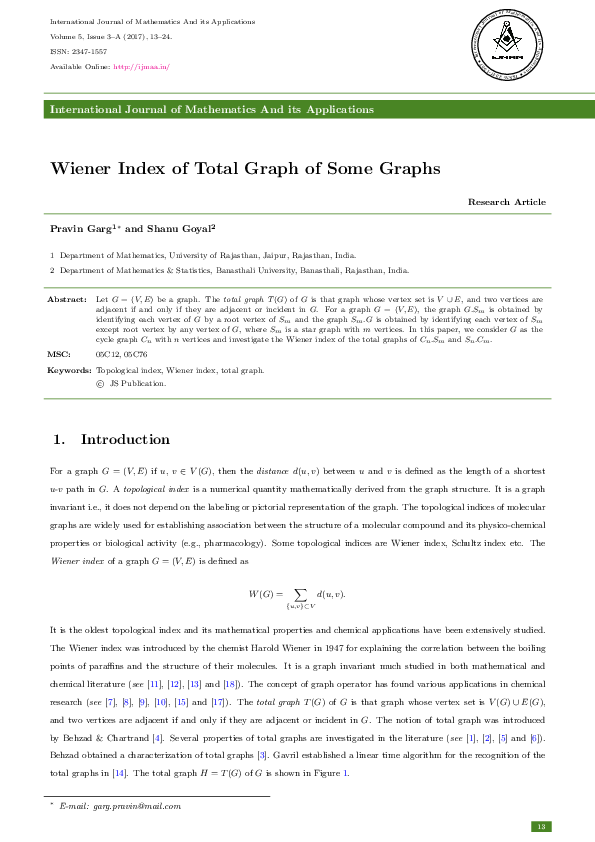 (PDF) Wiener Index of Total Graph of Some Graphs Research