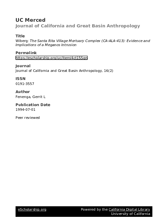 (PDF) Wiberg: The Santa Rita Village Mortuary Complex (CA-ALA-413 ...