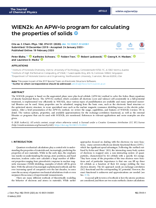 (PDF) WIEN2k: An APW+lo program for calculating the properties of solids