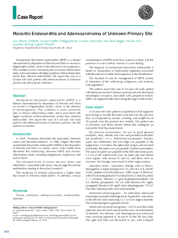 (PDF) Stroke, Aortic Vegetations and Disseminated Adenocarcinoma - A ...