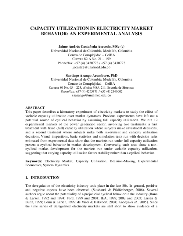 (PDF) Capacity Utilization in Electricity Market Behavior: An ...