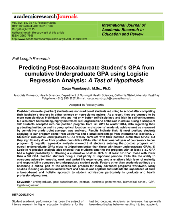 (PDF) Predicting Post-Baccalaureate Student's GPA from cumulative Undergraduate GPA using ...