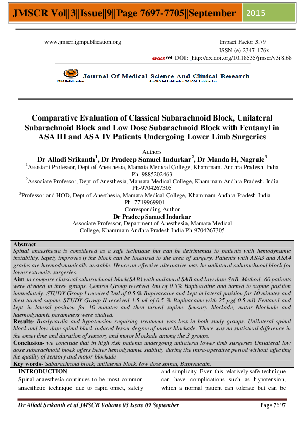 Pdf Comparative Evaluation Of Classical Subarachnoid Block Unilateral Subarachnoid Block And