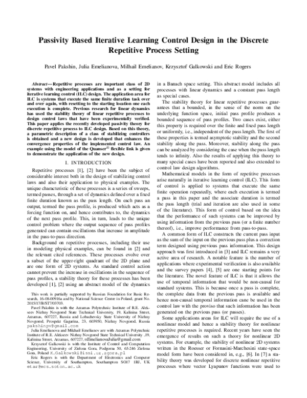 (PDF) Passivity Based Iterative Learning Control Design in the Discrete Repetitive Process Setting