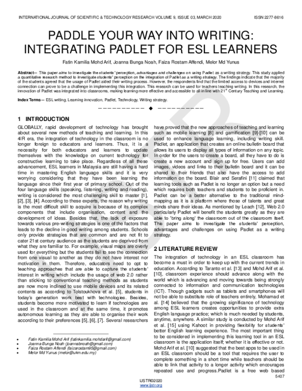 (PDF) Paddle Your Way Into Writing: Integrating Padlet for Esl Learners