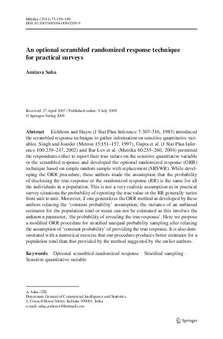 (PDF) An optional scrambled randomized response technique for practical surveys