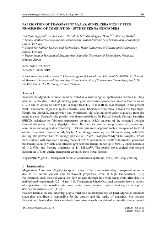 (PDF) FABRICATION OF TRANSPARENT MgAl2O4 SPINEL CERAMICS BY PECS ...