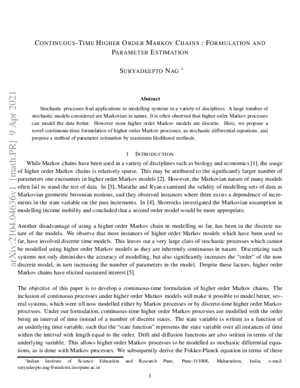 (PDF) Continuous-Time Higher Order Markov Chains: Formulation and Parameter Estimation