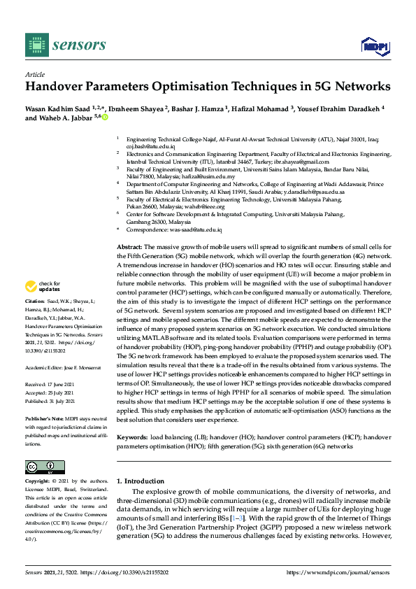 (PDF) Handover Parameters Optimisation Techniques in 5G Networks | ibraheem shayea - Academia.edu