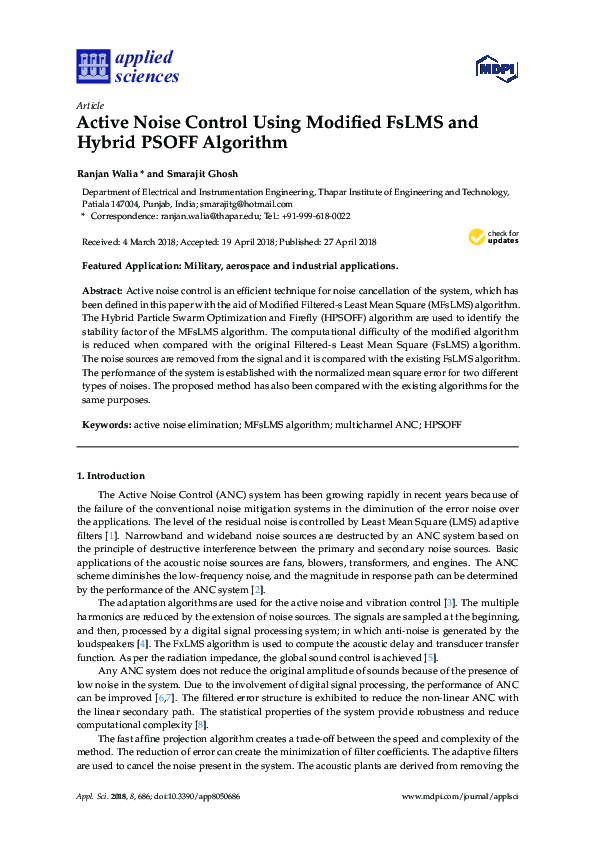 (PDF) Active Noise Control Using Modified FsLMS and Hybrid PSOFF Algorithm | Ranjan Walia ...