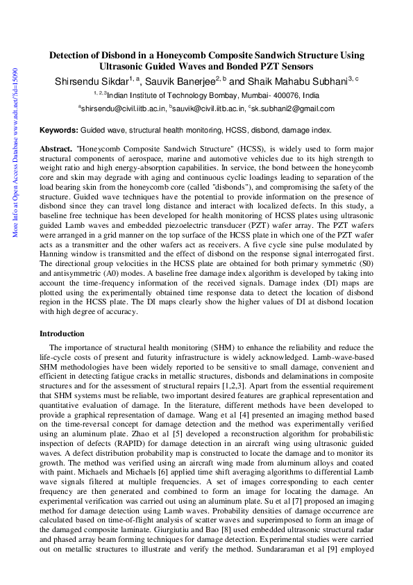 (PDF) Detection of Disbond in a Honeycomb Composite Sandwich Structure ...
