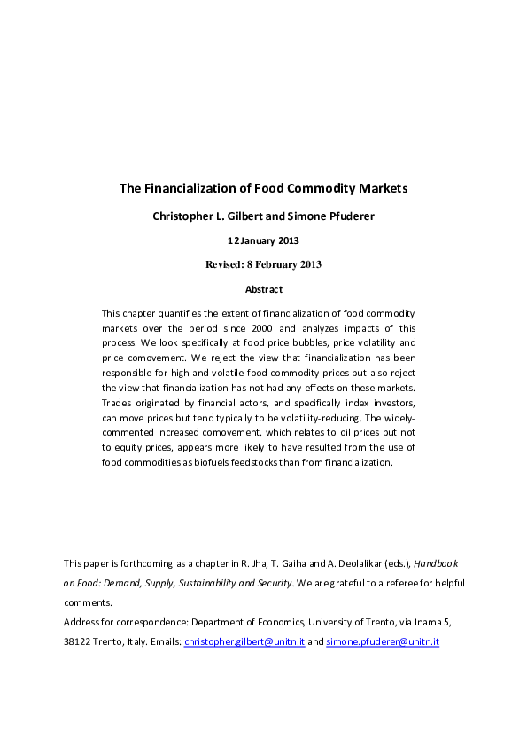 (PDF) The financialization of food commodity markets