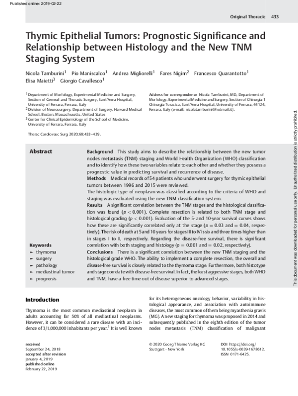 (PDF) Thymic Epithelial Tumors: Prognostic Significance and ...