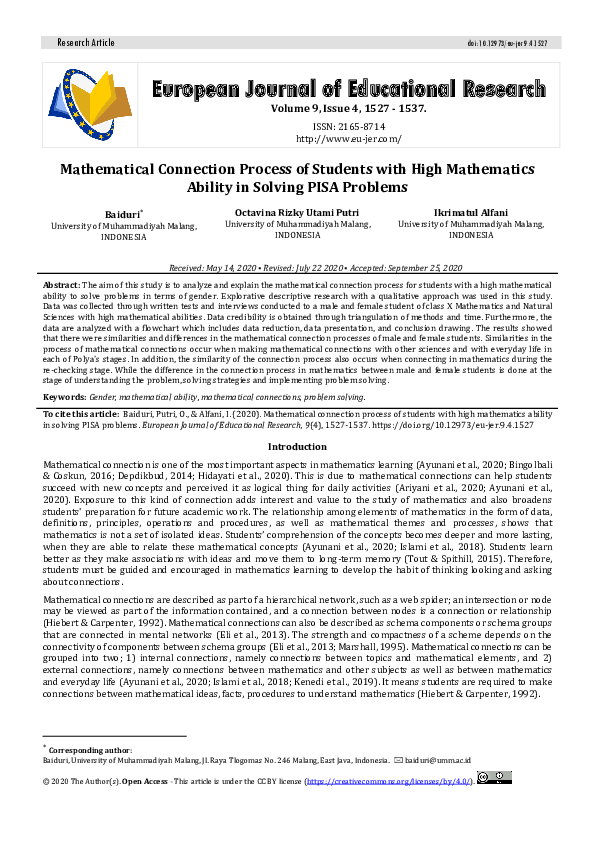 (PDF) Mathematical Connection Process of Students with High Mathematics Ability in Solving PISA ...