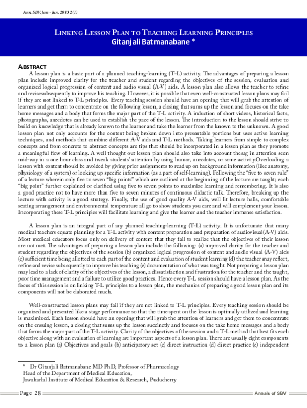 Pdf Linking Lesson Plan To Teaching Learning Principles