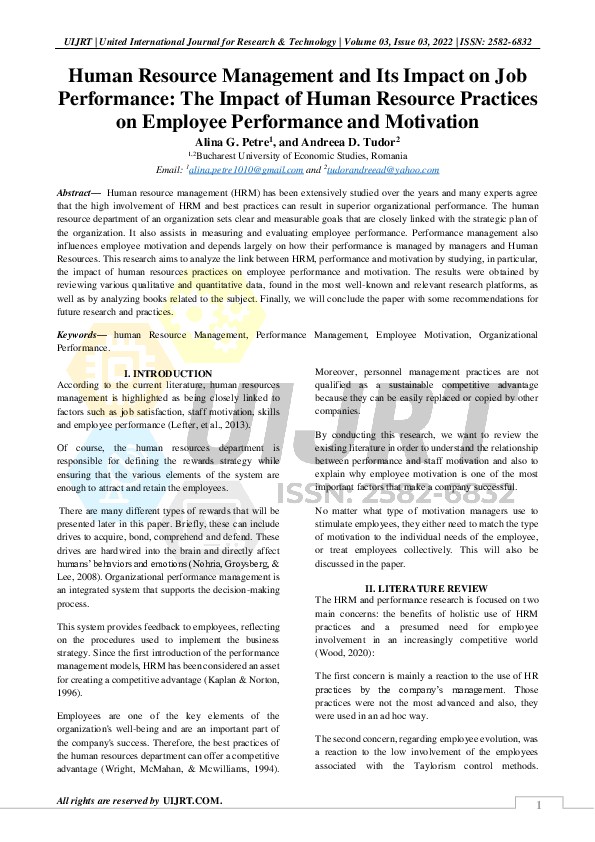 Pdf Human Resource Management And Its Impact On Job Performance The Impact Of Human Resource