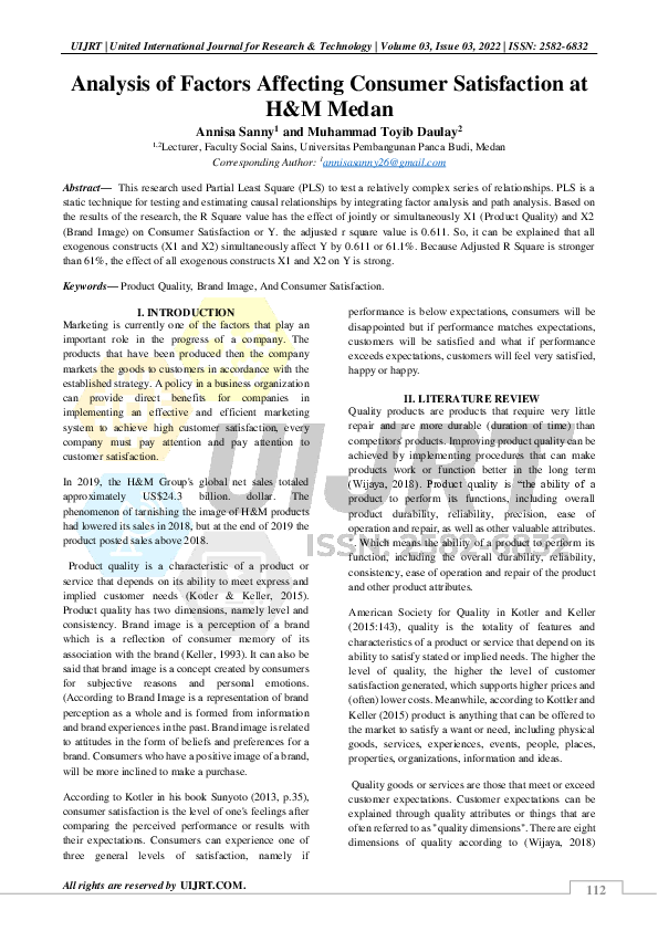 Pdf Analysis Of Factors Affecting Consumer Satisfaction At Handm Medan