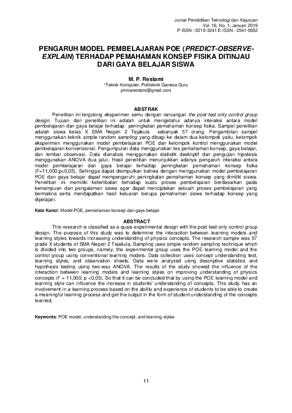(PDF) Pengaruh Model Pembelajaran Poe (Predict, Observe, Explain) Terhadap Pemahaman Konsep Ipa ...