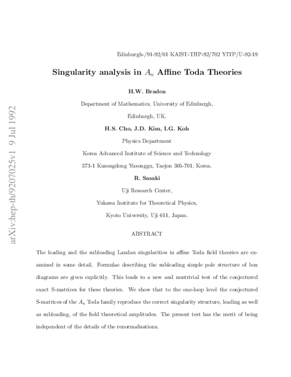 (PDF) Singularity Analysis in An Affine Toda Theories | H Braden ...