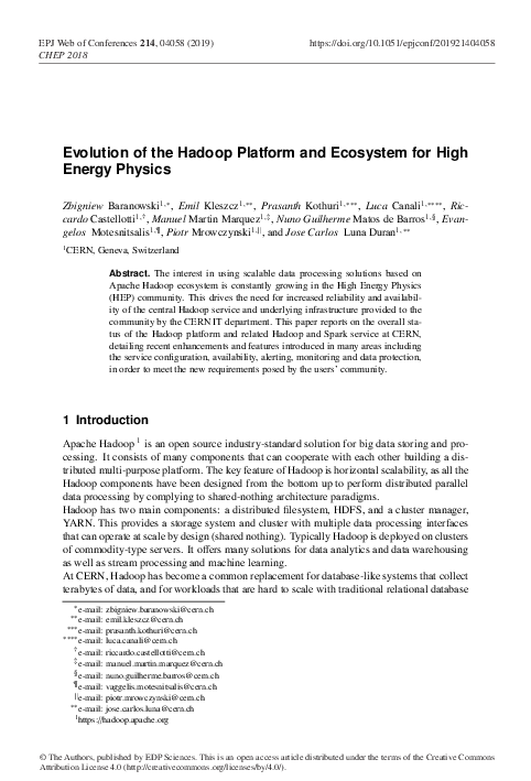(PDF) Evolution of the Hadoop Platform and Ecosystem for High Energy Physics
