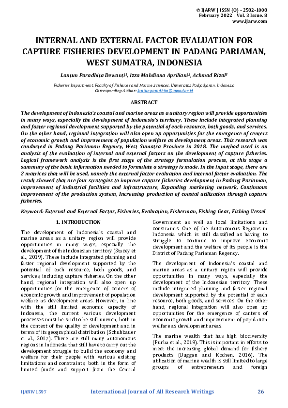 (PDF) INTERNAL AND EXTERNAL FACTOR EVALUATION FOR CAPTURE FISHERIES DEVELOPMENT IN PADANG ...