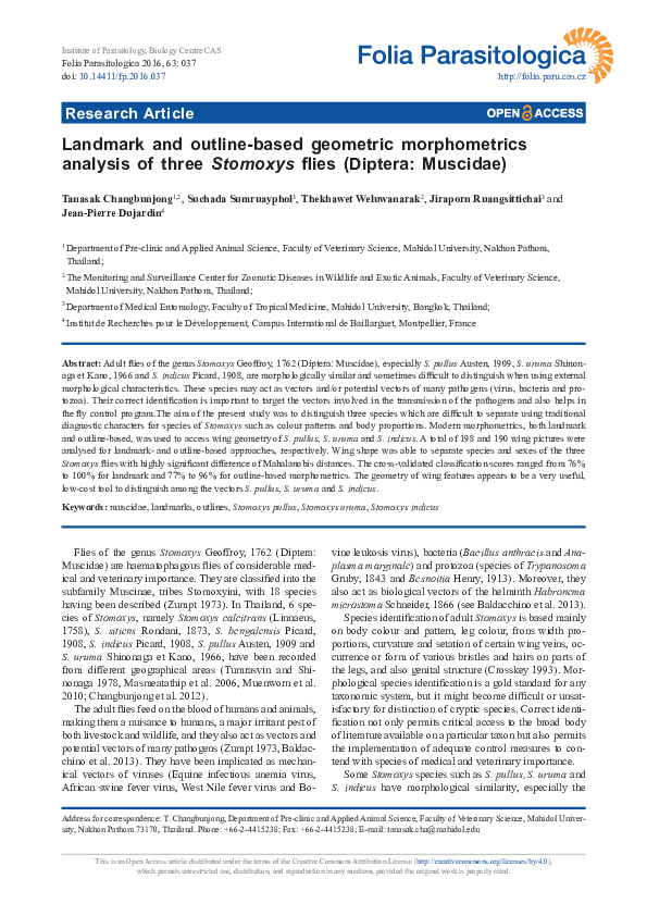 (PDF) Landmark and outline-based geometric morphometrics analysis of three Stomoxys flies ...