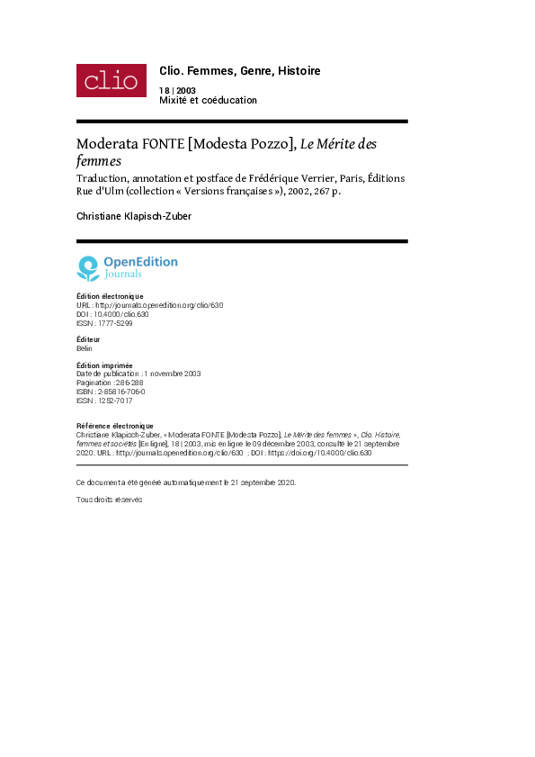 (PDF) Moderata FONTE [Modesta Pozzo], Le Mérite des femmes, traduction ...