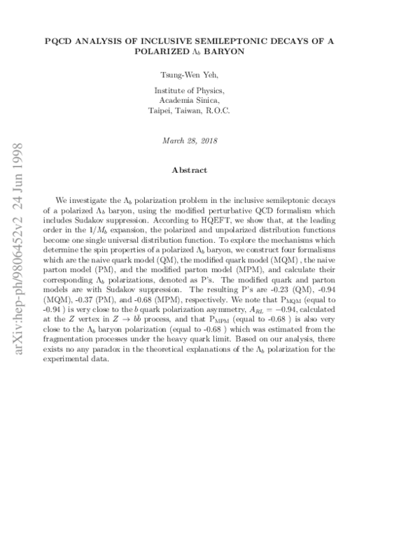 (PDF) PQCD ANALYSIS OF INCLUSIVE SEMILEPTONIC DECAYS OF A POLARIZED Λb ...