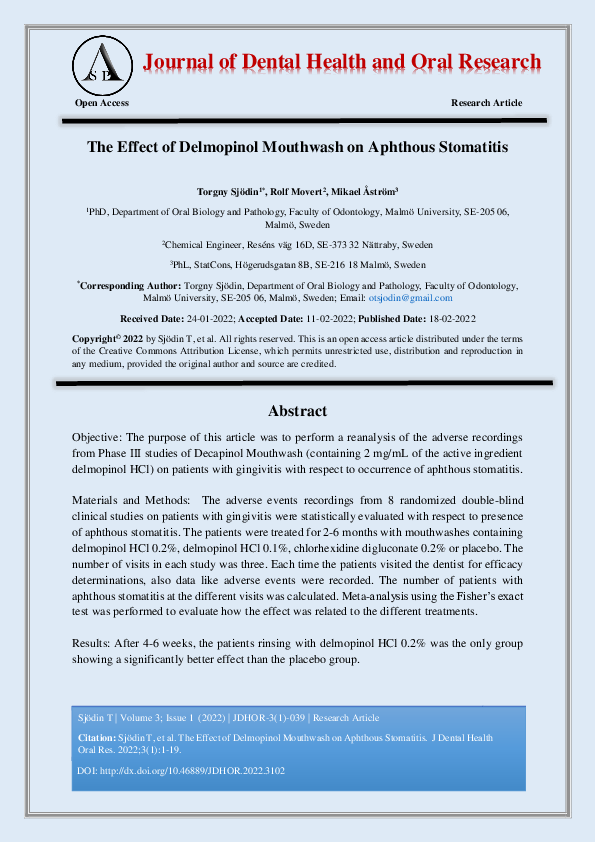 (PDF) The Effect of Delmopinol Mouthwash on Aphthous Stomatitis