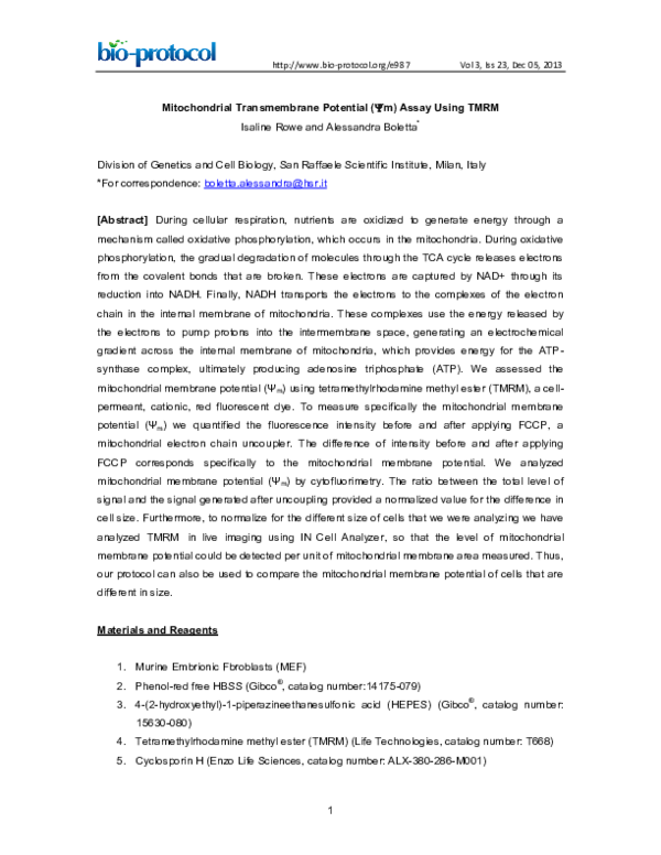 (PDF) Mitochondrial Transmembrane Potential (?m) Assay Using TMRM