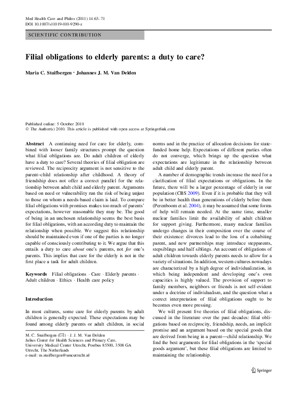 (PDF) Filial obligations to elderly parents: a duty to care?