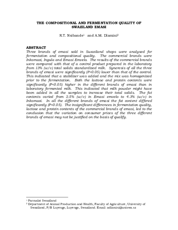 (PDF) The Compositional and Fermentation Quality of Swaziland Emasi