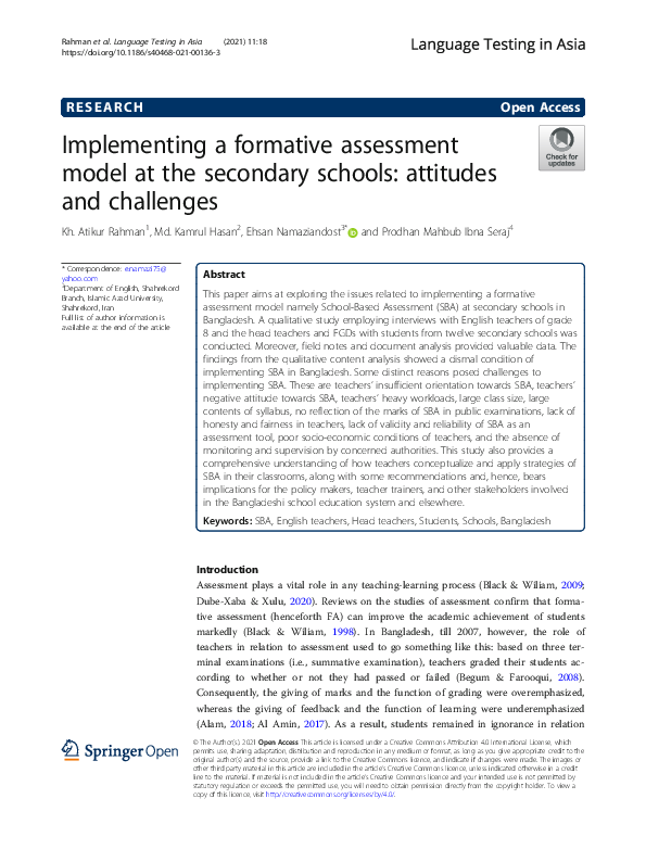(PDF) Implementing a formative assessment model at the secondary ...