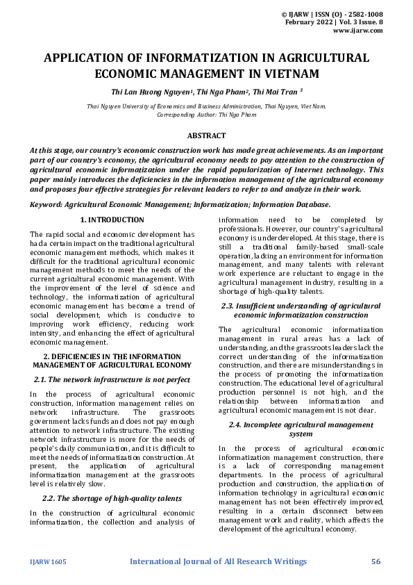 (PDF) APPLICATION OF INFORMATIZATION IN AGRICULTURAL ECONOMIC ...