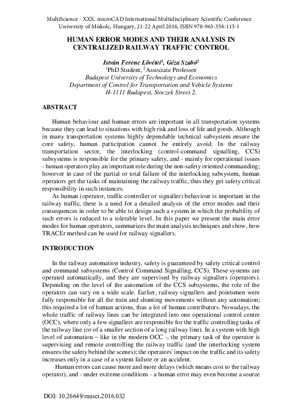 (PDF) Human Error Modes and Their Analysis in Centralized Railway ...